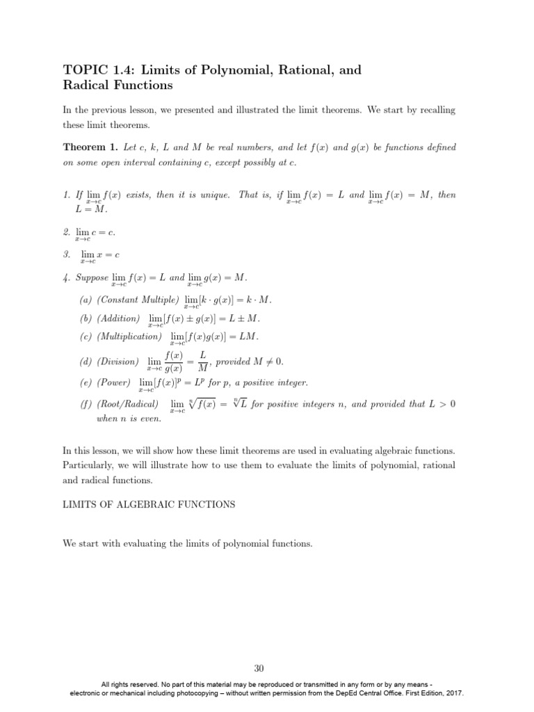 Basic Calculus Lesson 1.4 Limits of Polynomial, Rational, and Radical Functions | PDF | Square ...