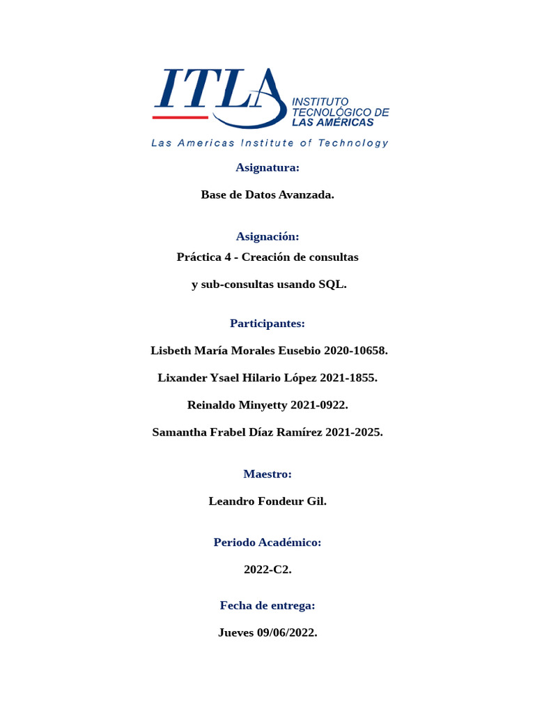 Pr Ctica 4 Creaci n de Consultas y Sub Consultas Usando SQL.docx | PDF