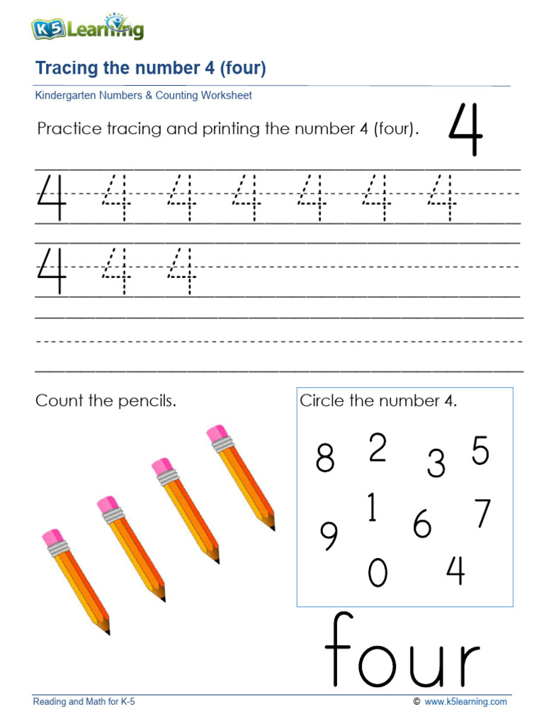 Kindergarten Tracing Numbers Four 4 | PDF