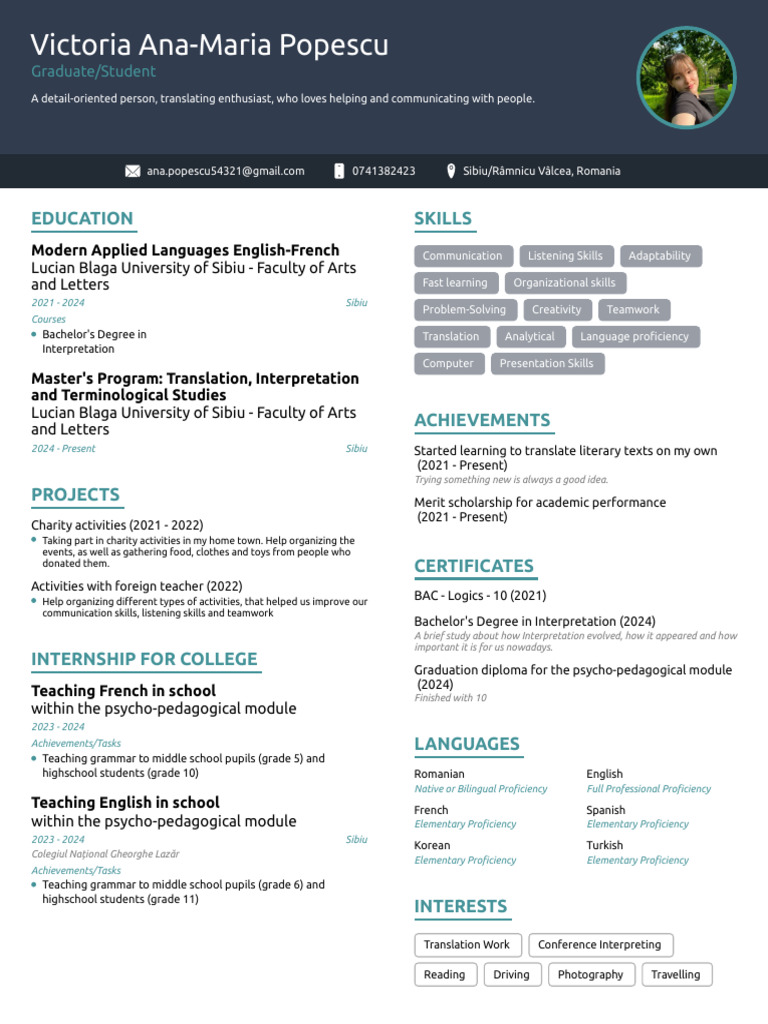 Victoria Ana-Maria Popescu Resume | PDF | Translations | Linguistics