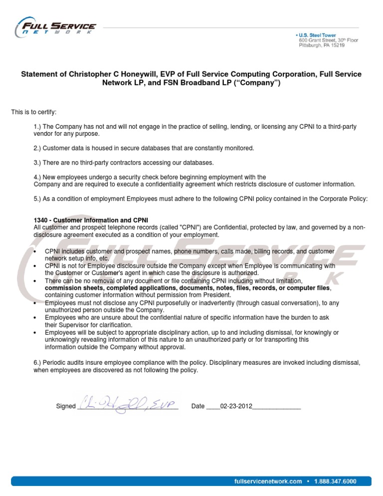 CPNI Compliance Statement by FSN Corporation | PDF | Business | Finance ...