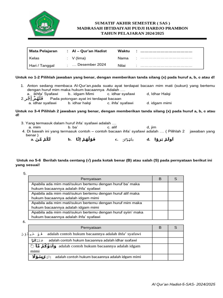 Ujian Al-Qur'an Hadist Kelas 5 | PDF