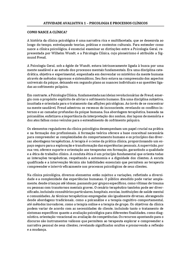 AA1 - PROCESSOS CLÍNICOS | PDF | Psicologia | Mente inconsciente