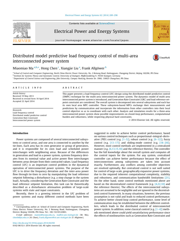 Distributed Model Predictive Load Frequency Control Of Multi Area Pdf Control Theory System