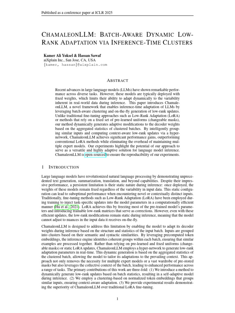 CHAMALEONLLM: BATCH-AWARE DYNAMIC LOW-RANK ADAPTATION VIA INFERENCE-TIME CLUSTERS | PDF ...