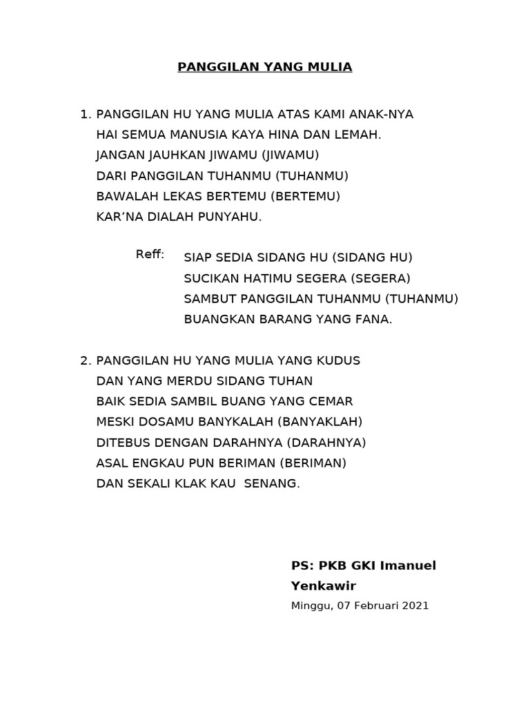 Panggilan Yang Mulia - PKB | PDF
