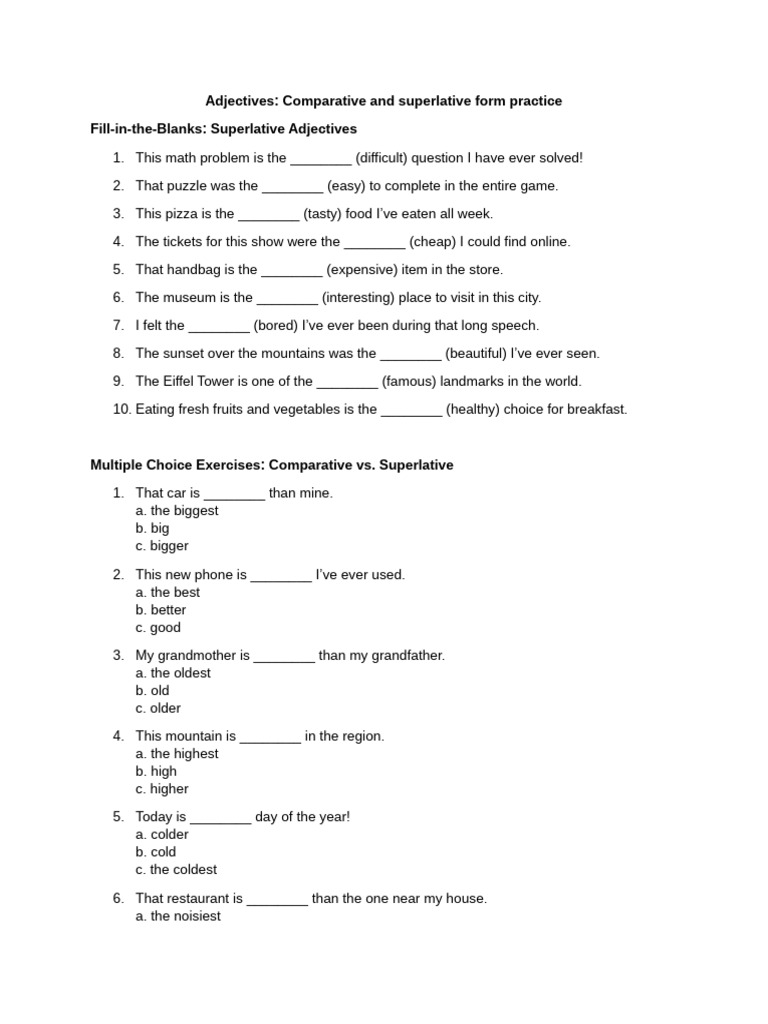 Comparative and Superlative Practice | PDF | Adjective