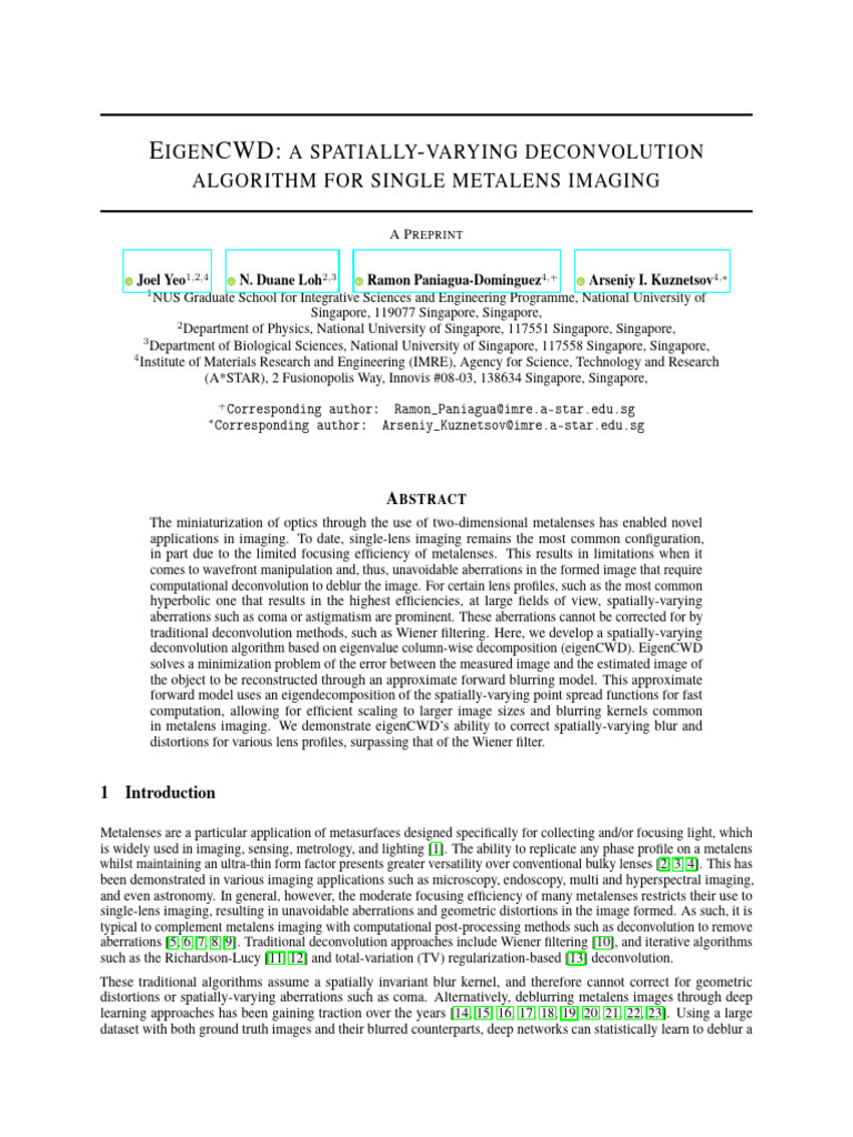 Eigencwd: A Spatially-Varying Deconvolution Algorithm For Single Metalens Imaging | PDF ...