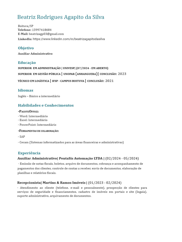 CV Beatriz R. Agapito - Aux. Administrativo | PDF
