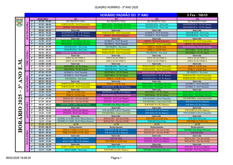 GRADE HORÁRIA 2025 - Atualizado 5fev - XLSX - HORÁRIO 3º ANO 2025 | PDF | Ciências naturais