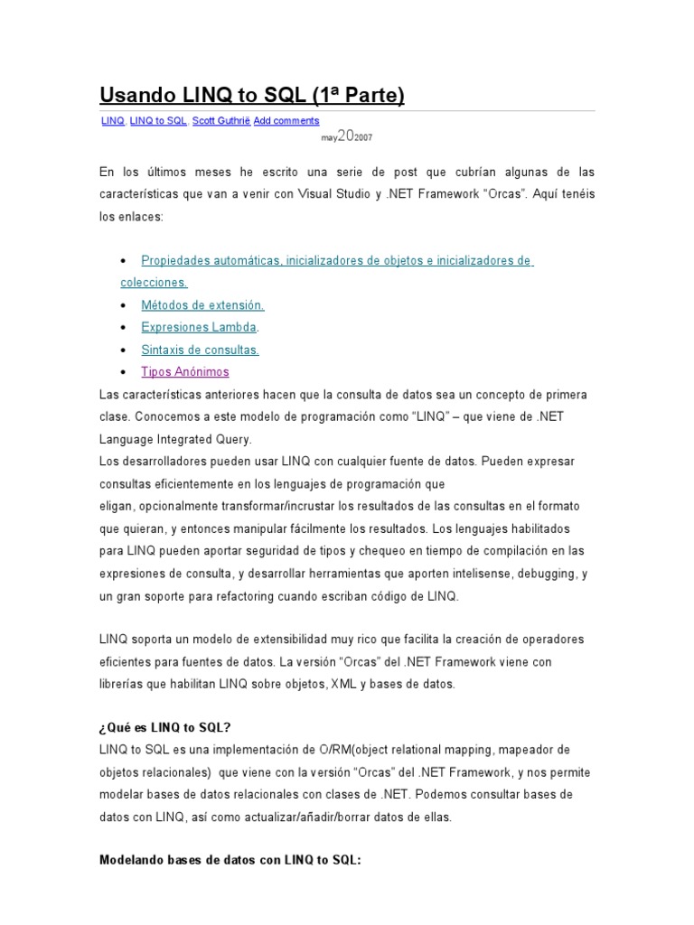 Introduccion A Linq | PDF | Consulta integrada de idiomas | SQL