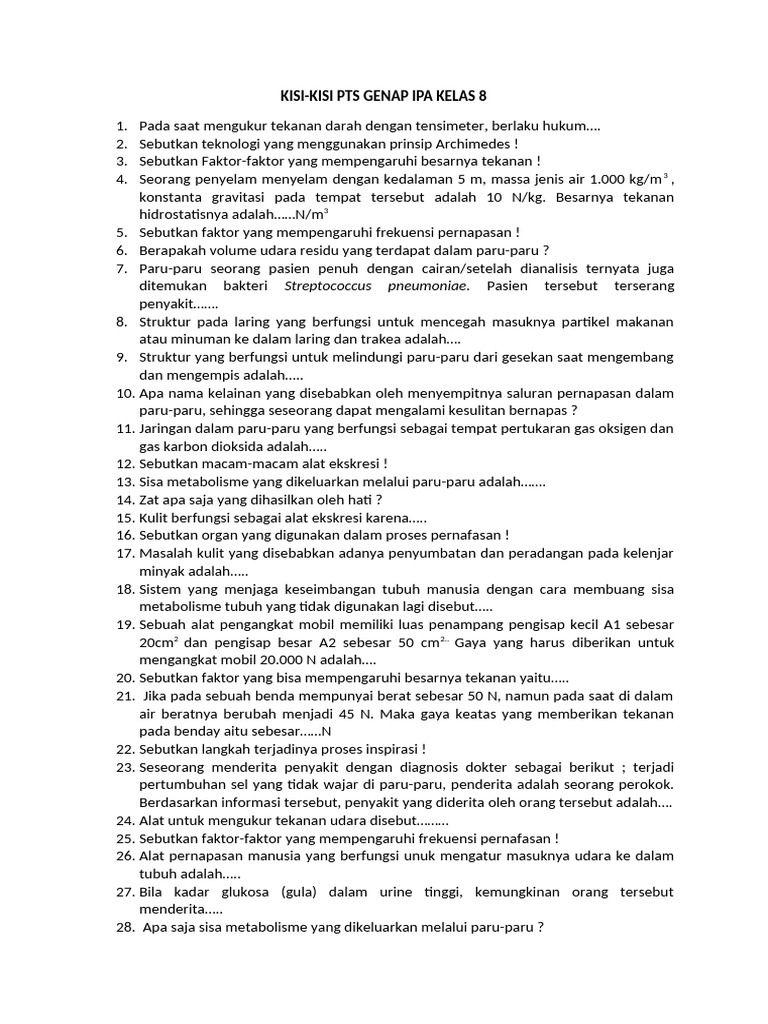 KISI-KISI PTS GENAP KELAS 8 | PDF