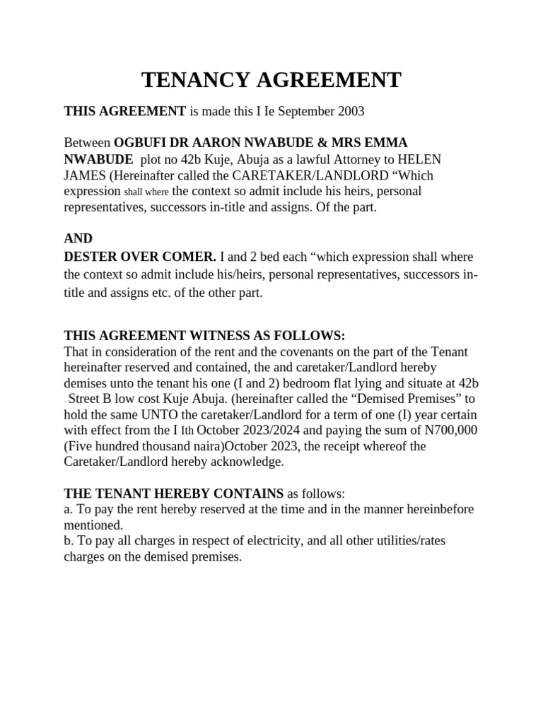 Tenancy Agreement for Kuje Abuja Rental | PDF
