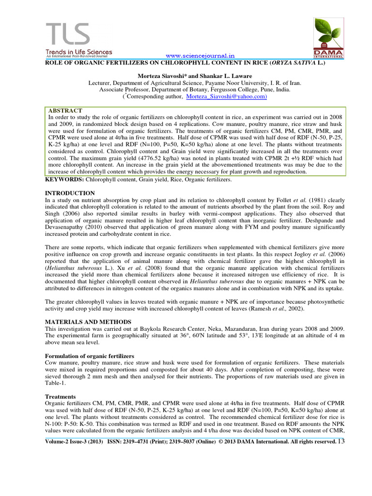 Role of Organic Fertilizers On Chlorophy | PDF | Plant Nutrition ...