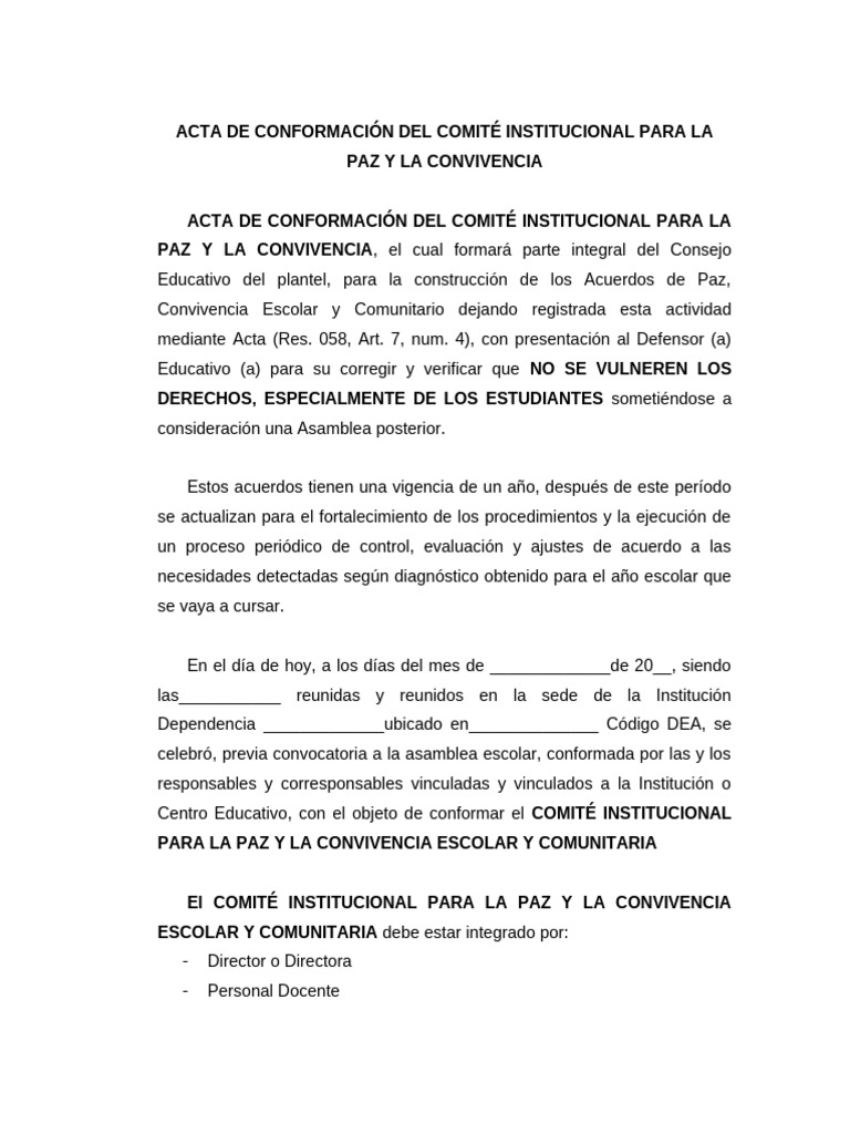 Acta de Conformación Del Comité Institucional para La Paz y La Convivencia | PDF