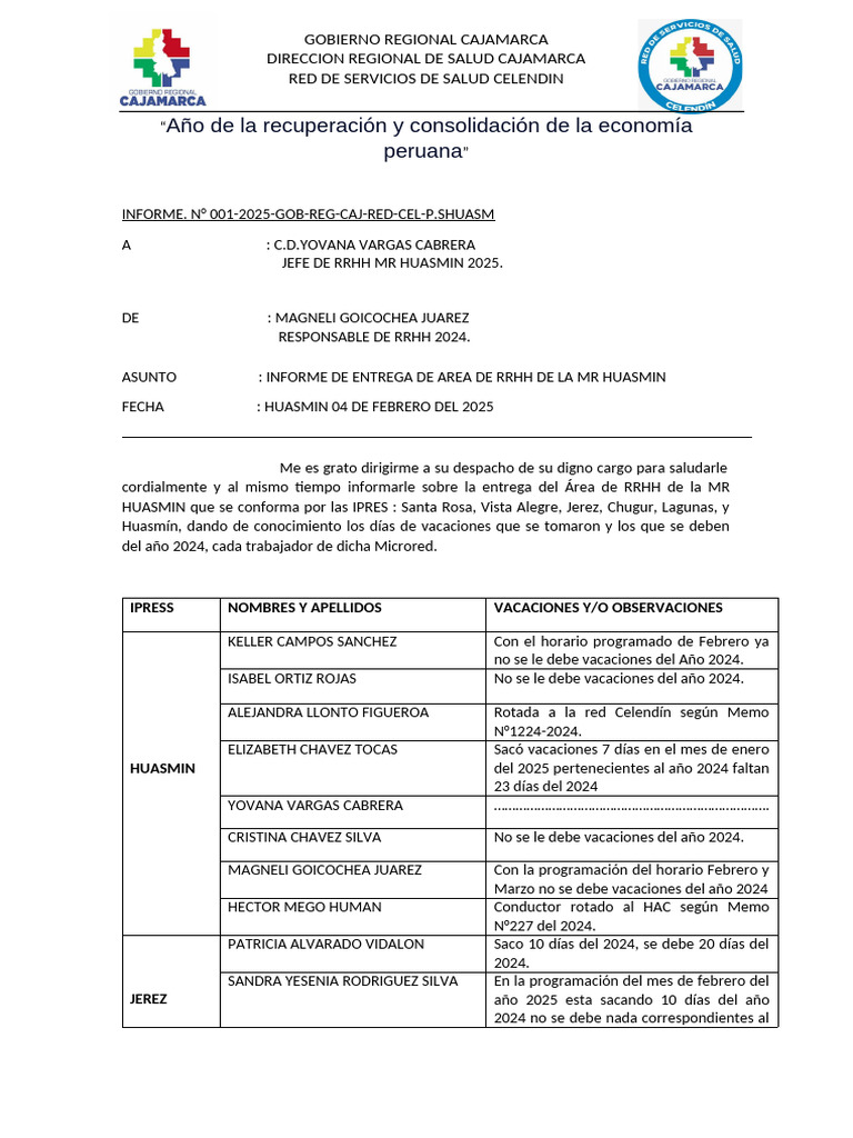 INFORME DE ENTREGA DE CARGO DE RRHH | PDF