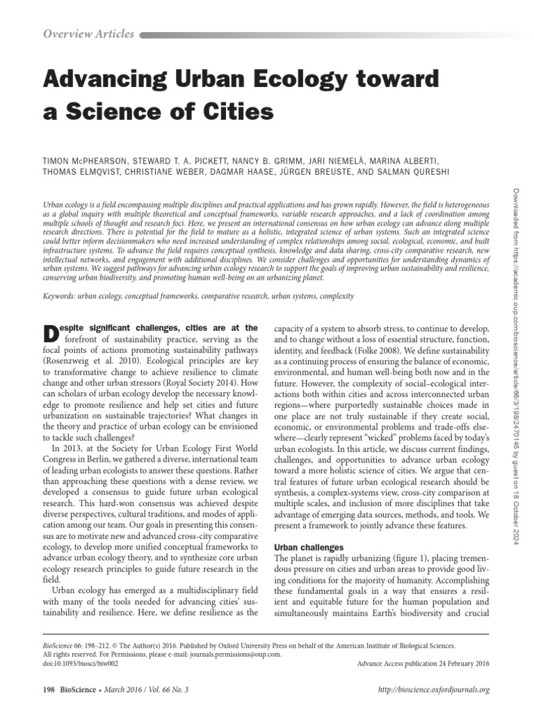 Advancing Urban Ecology Toward A Science of Cities | PDF | Ecology | System
