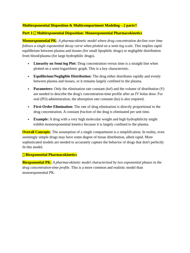 Multiexponential Disposition + Multicompartmental PK Study Guide ...