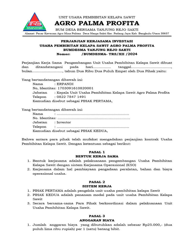 Perjanjian Kerjasama Investasi PKS - 2 | PDF