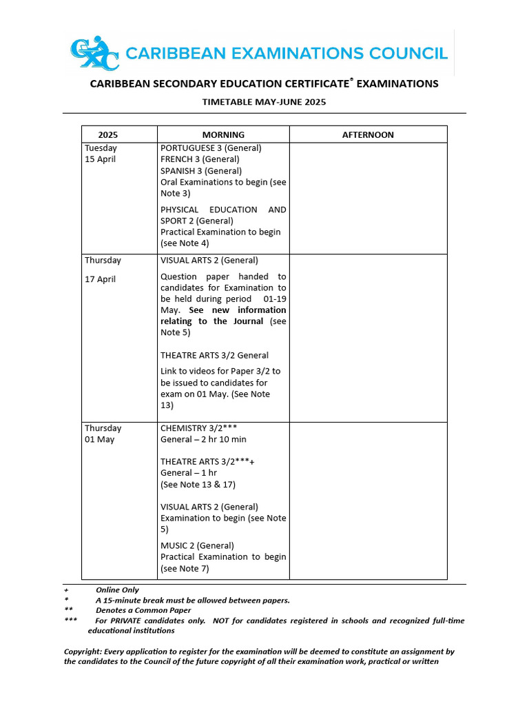 CSEC Exam Timetable May-June 2025 | PDF | Science | Engineering