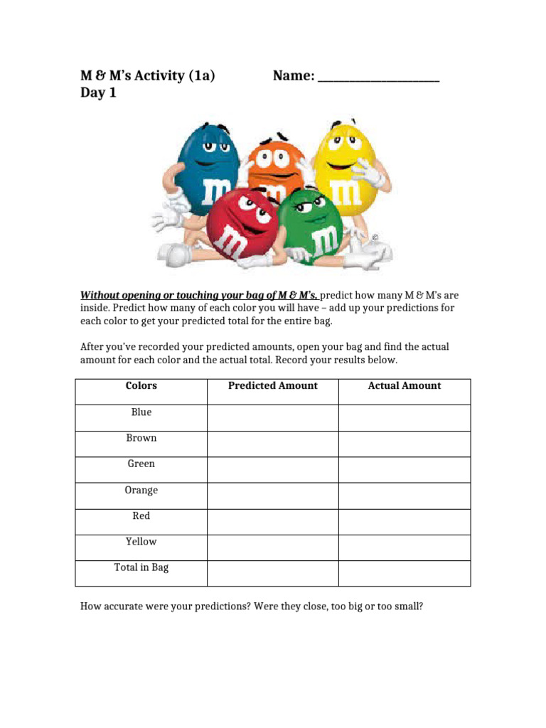 M & M's Activity (1a) Name: - Day 1: Without Opening or Touching Your ...