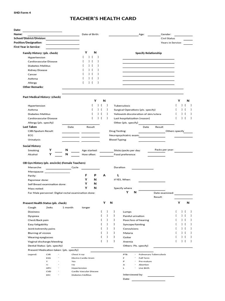 SHD Form 4 Teachers Health Examination Card | PDF | Cardiovascular ...