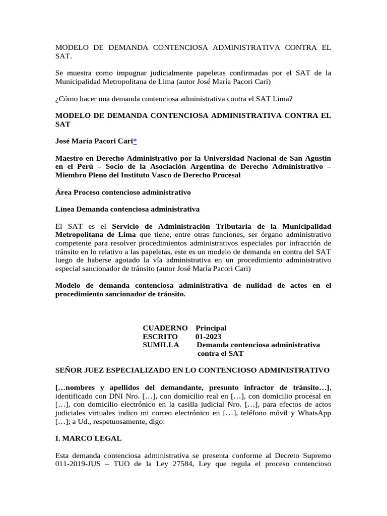Demanda Contenciosa Sat Lima Modelo Pdf Apelación Ley Administrativa