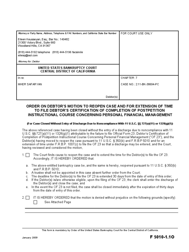 Order on Motion to Reopen Case | Bankruptcy | Social Institutions