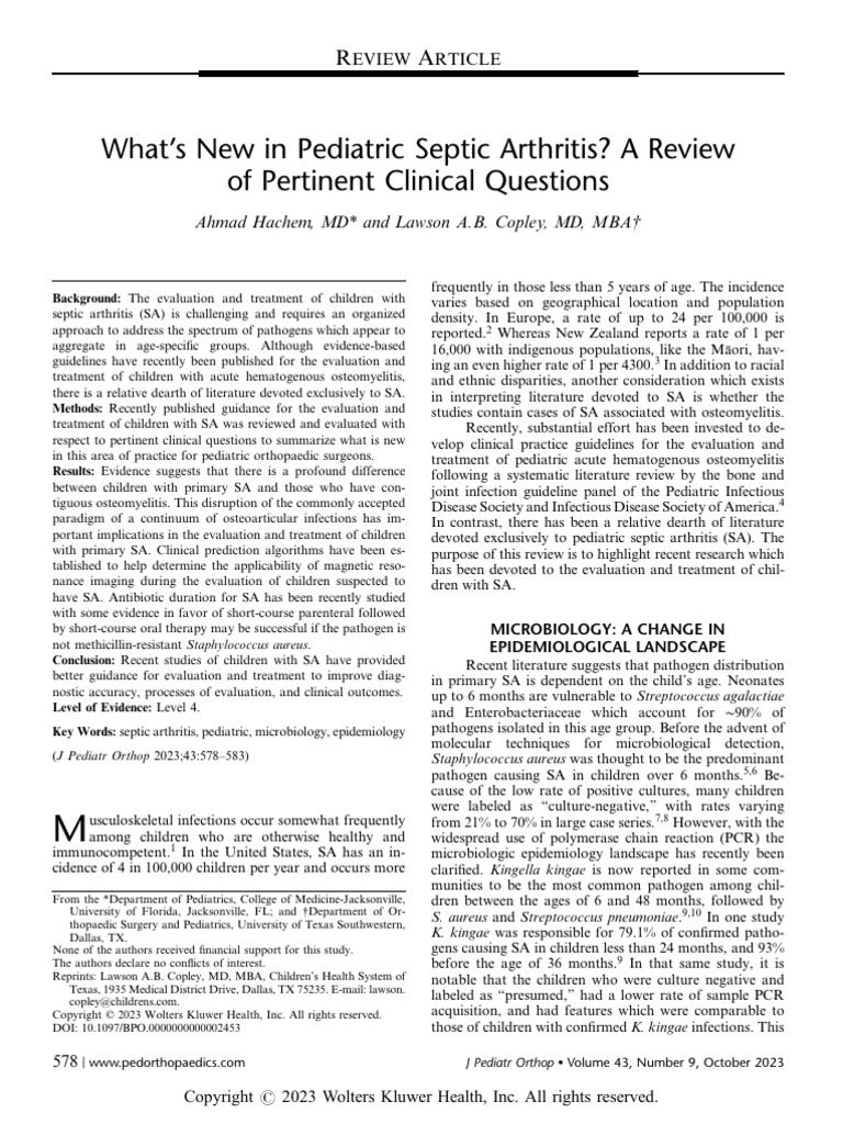 What's New in Pediatric Septic Arthritis - A Review of Pertinent ...