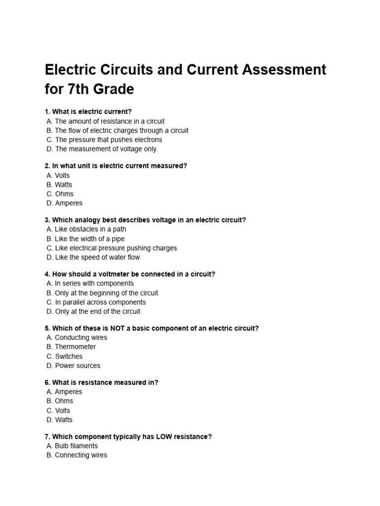 Electric Circuits and Current Assessment For 7th Grade | PDF | Series ...