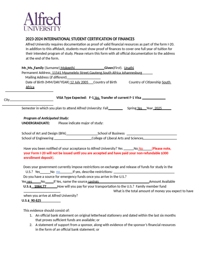 International Student Certification of Finances Undergraduate | PDF ...