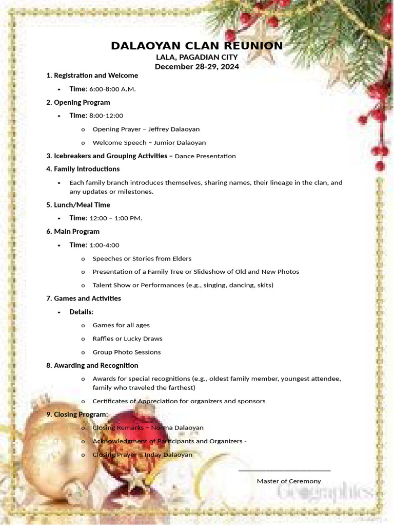 Dalaoyan Clan Reunion 2024 Agenda | PDF