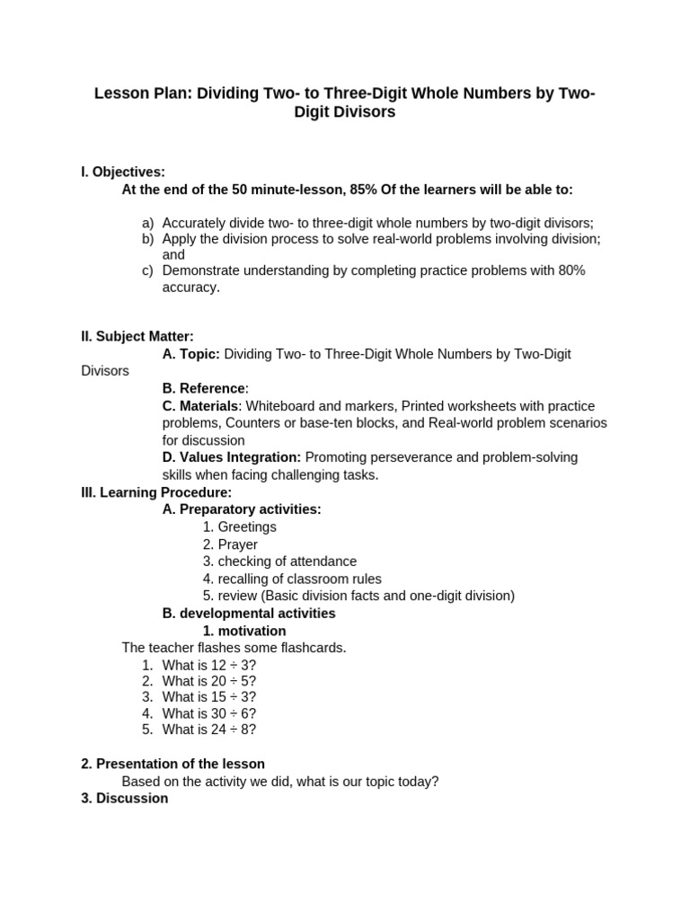 SDLP in Math 3 - Dividing Two - To Three-Digit Whole Numbers by Two-Digit Divisors | PDF ...