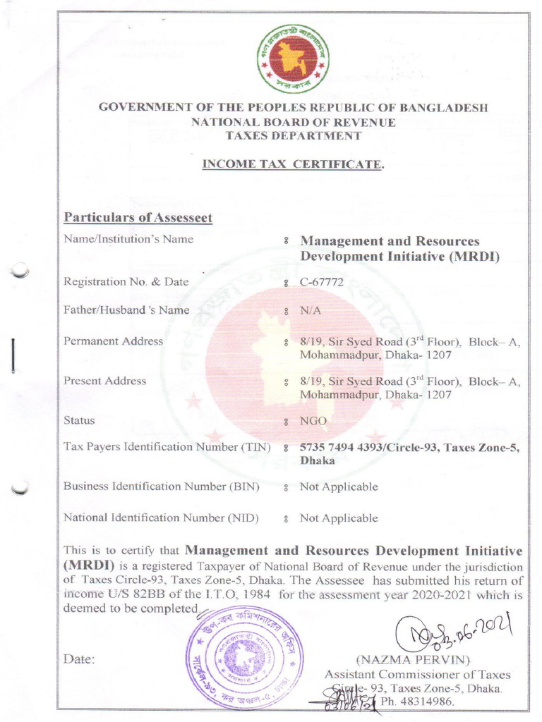 MRDI Income Tax Certificate AY 2020 2021 | PDF