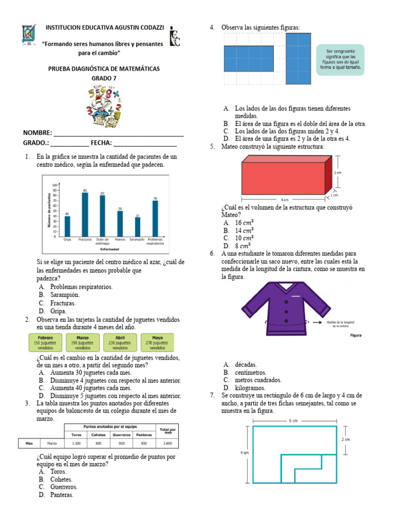 PRUEBA DIAGNÓSTICA MATEMATICAS 7 | PDF