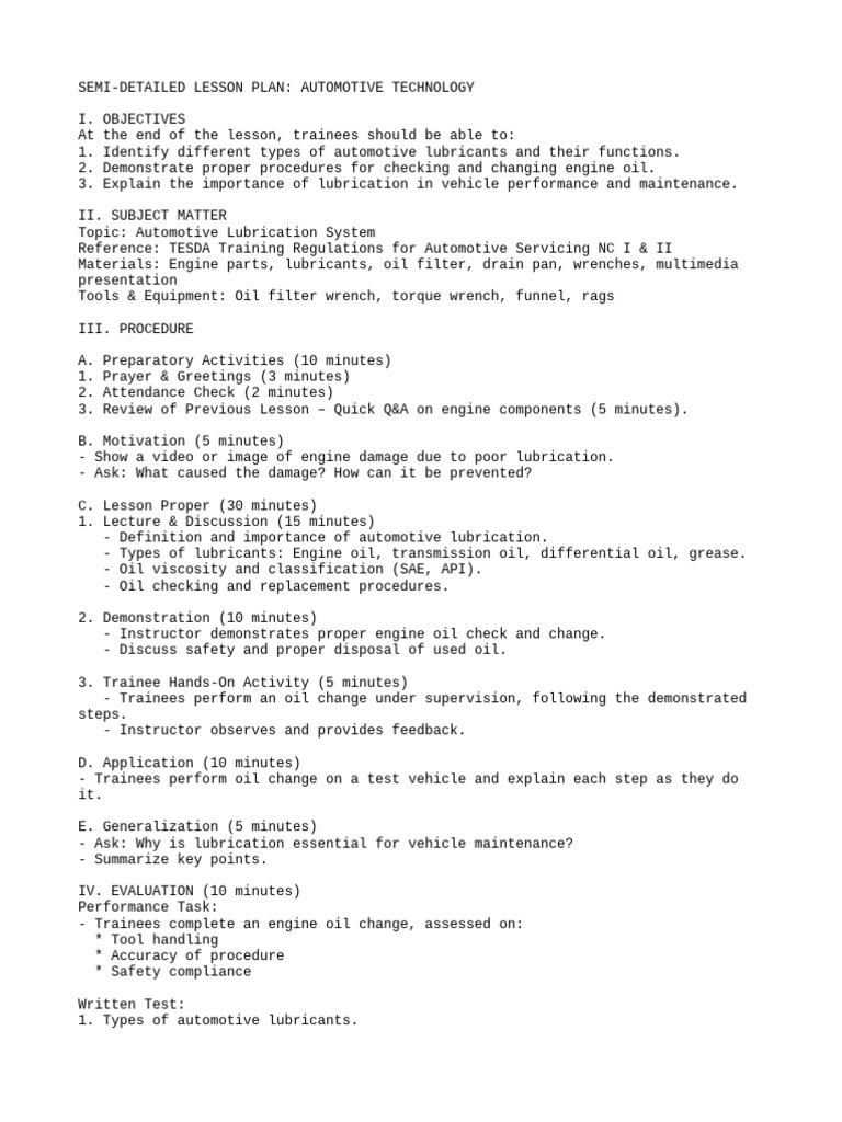 Semi-Detailed_Lesson_Plan_Automotive_Technology | PDF