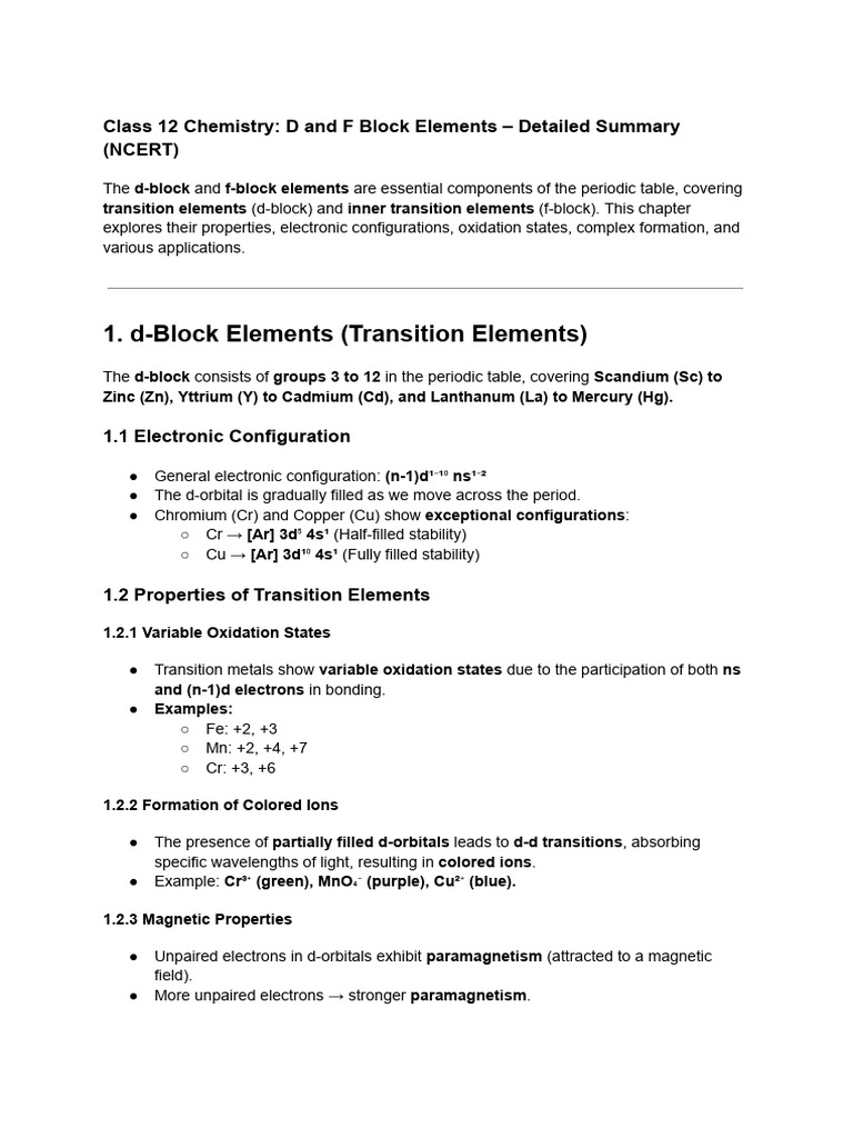D and F Block Ncert Summary | PDF | Transition Metals | Lanthanide