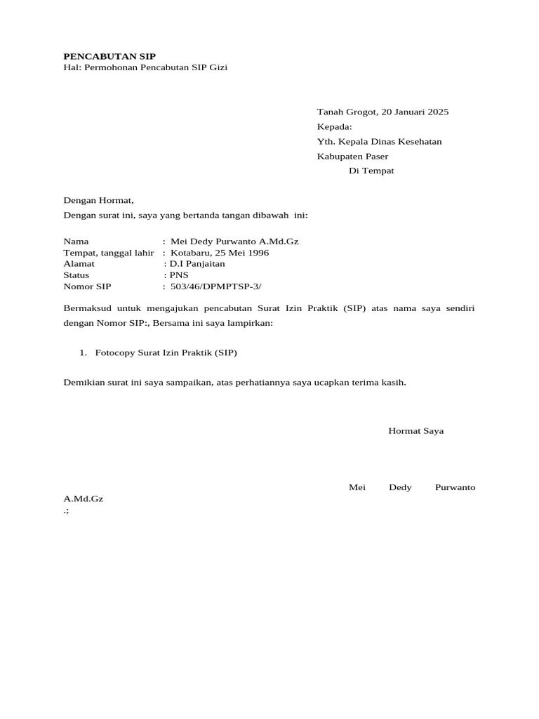 Contoh Surat Pencabutan SIP | PDF
