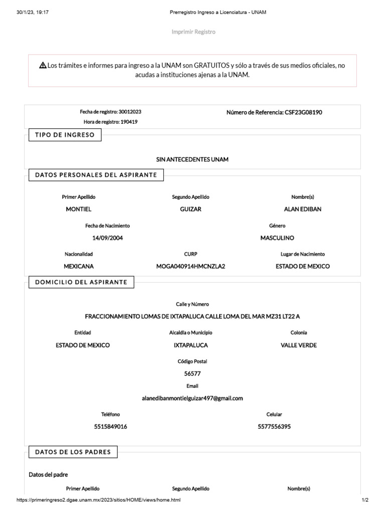 Prerregistro UNAM 2023: Datos de Alan | PDF