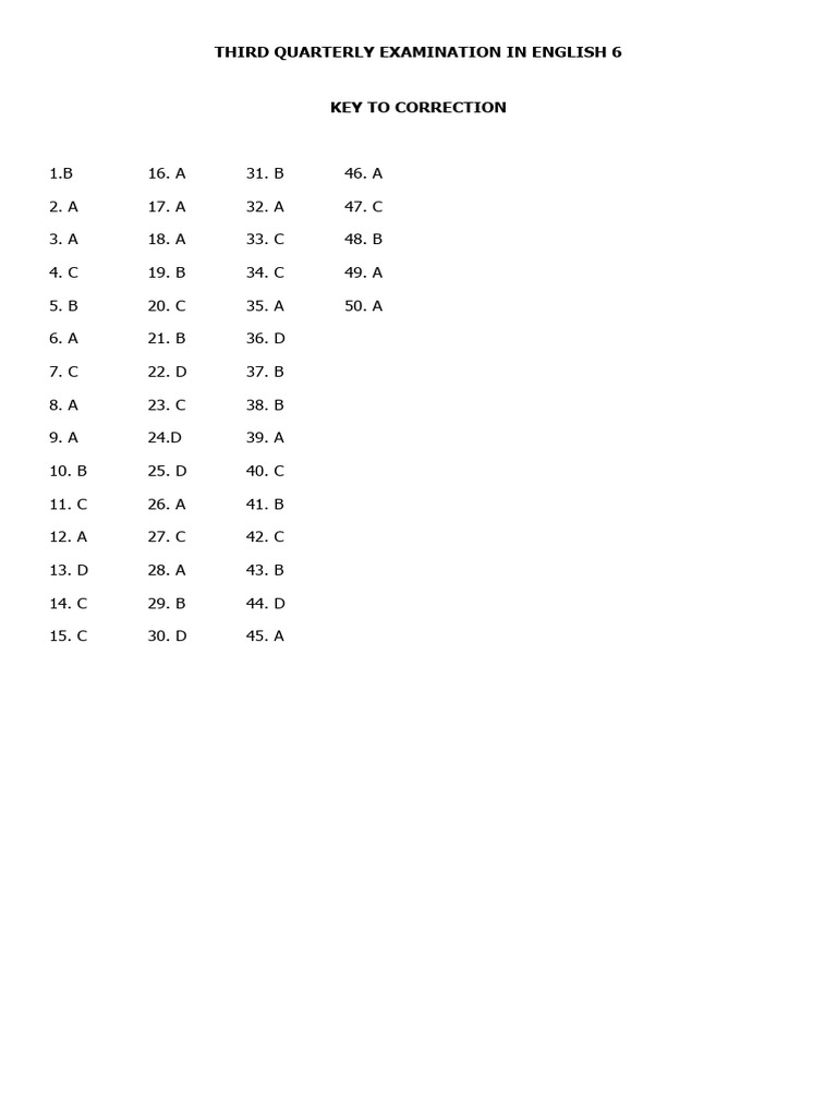 Grade 6 English Exam Key | PDF