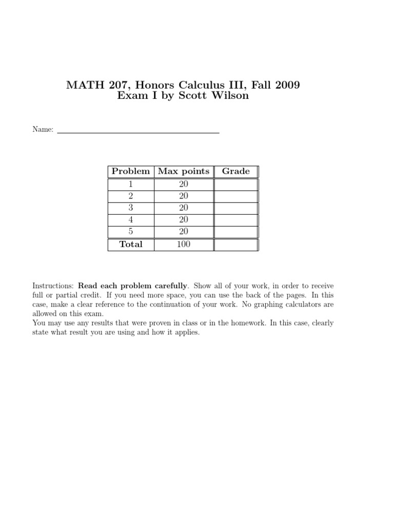 MATH 207, Honors Calculus III, Fall 2009 Exam I by Scott Wilson | PDF