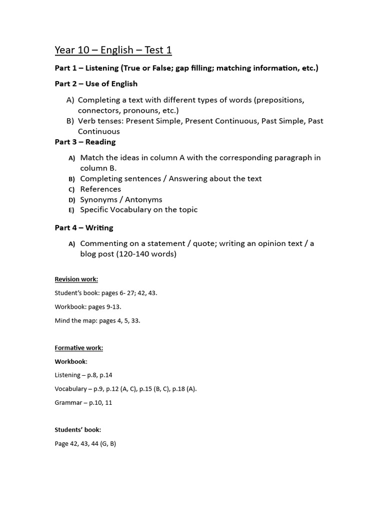 Year 10 - Test 1 (Structure and Goals) | PDF