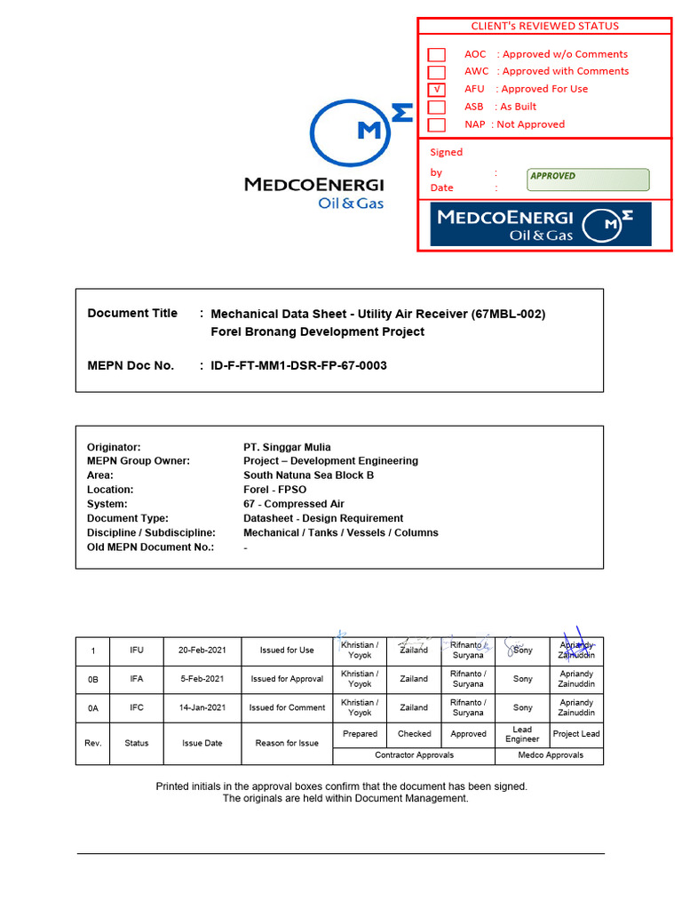 Utility Air Receiver Datasheet - Forel FPSO | PDF | Horsepower ...
