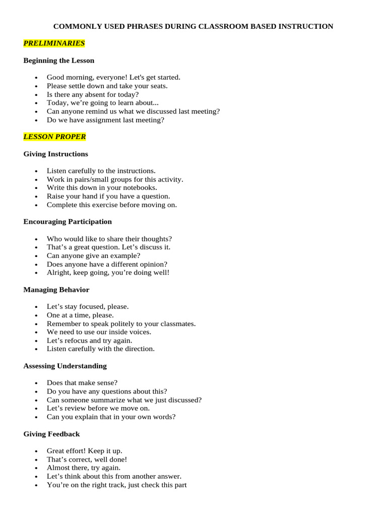 Commonly Used Phrases During Classroom Based Instruction | PDF
