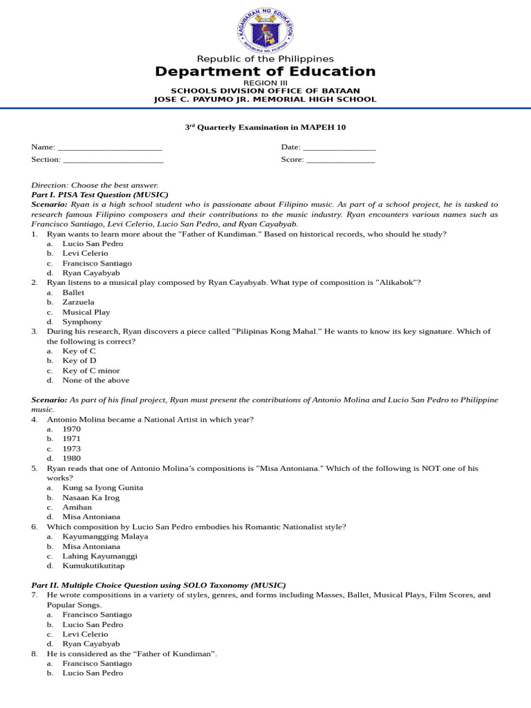 3RD Quarterly Exam in Mapeh 10 (Pisa and Solo) | PDF | World Health ...