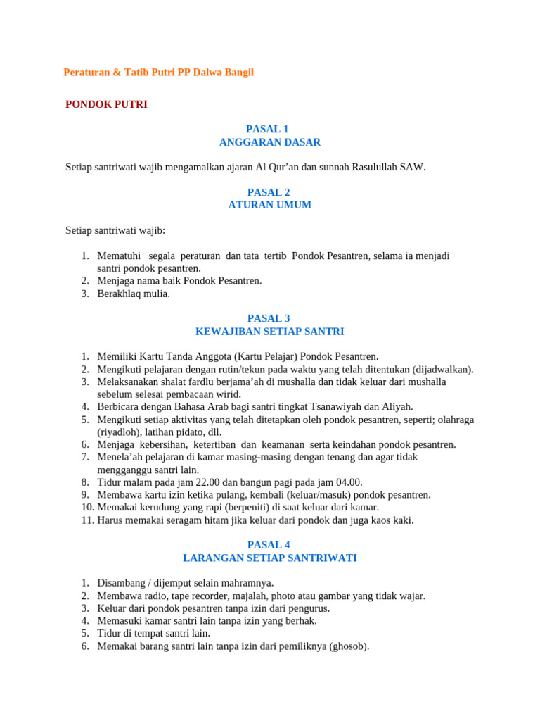 Peraturan Pondok Pesantren Putri Dalwa | PDF