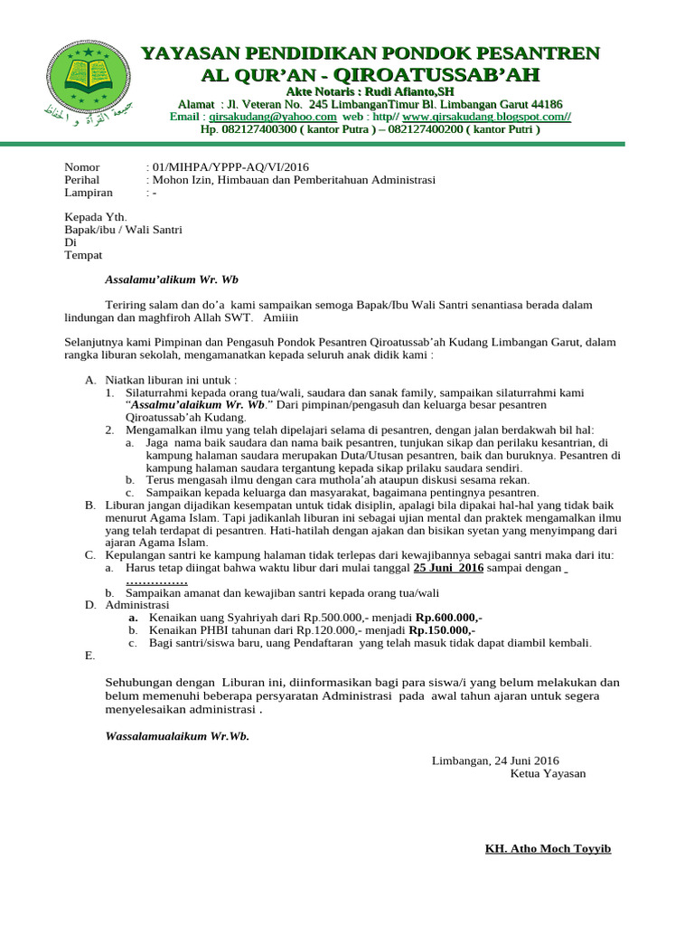 Surat Pemberitahuan Libur | PDF