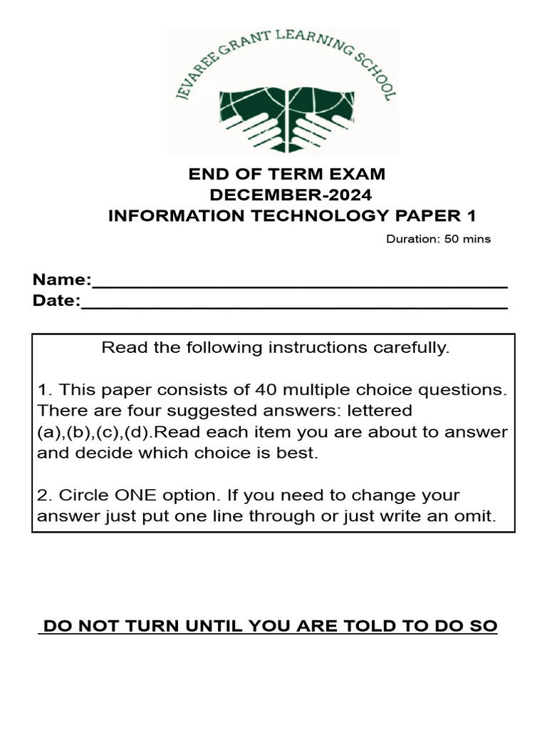 Info Tech December Exam Paper 1 2024-1 | PDF | Random Access Memory ...