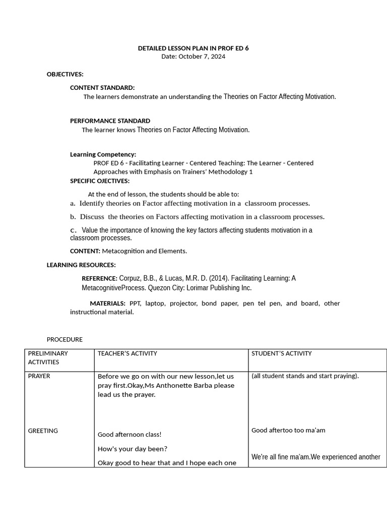 Detailed Lesson Plan in Prof Ed 6 | PDF | Motivational | Motivation