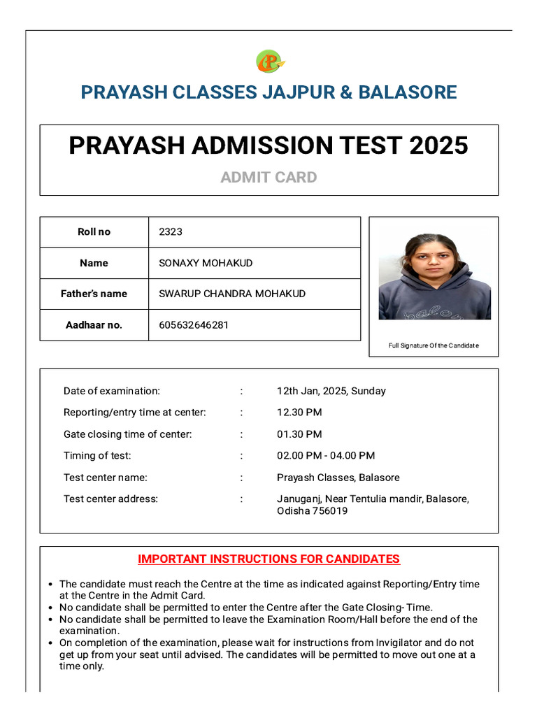 Prayas Admission Test 2025 Admit Card | PDF